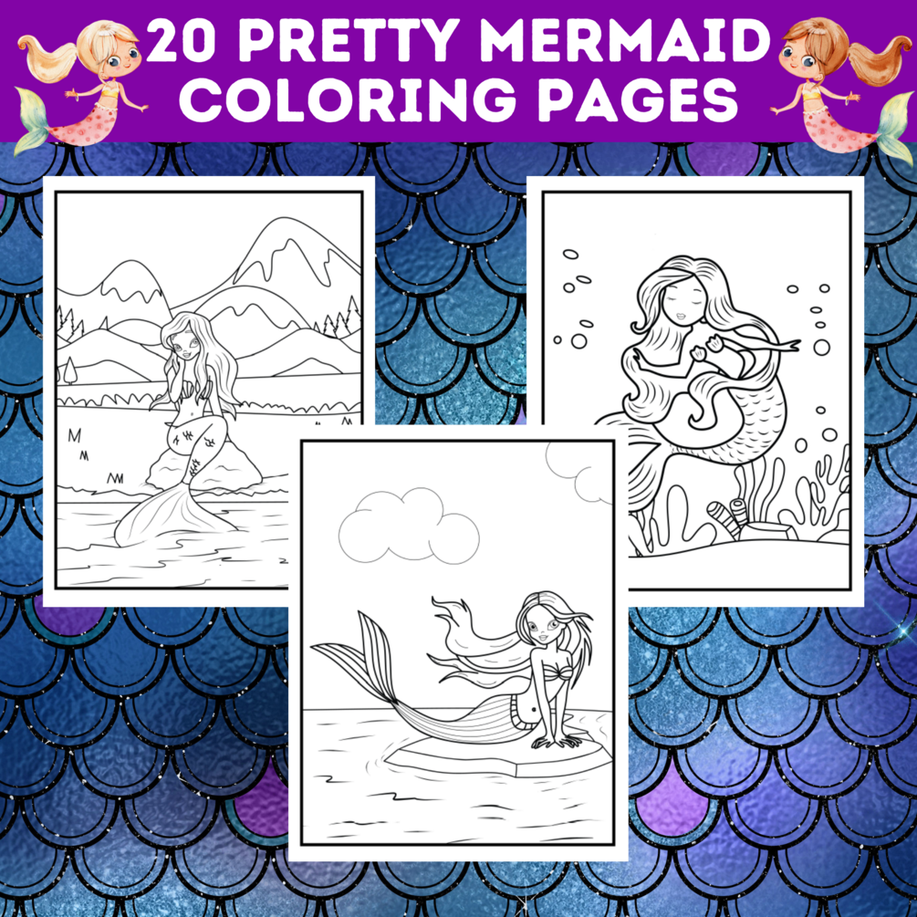 20 Pretty Mermaid Coloring Pages Bundle For Kids, Cute Mermaid Coloring ...