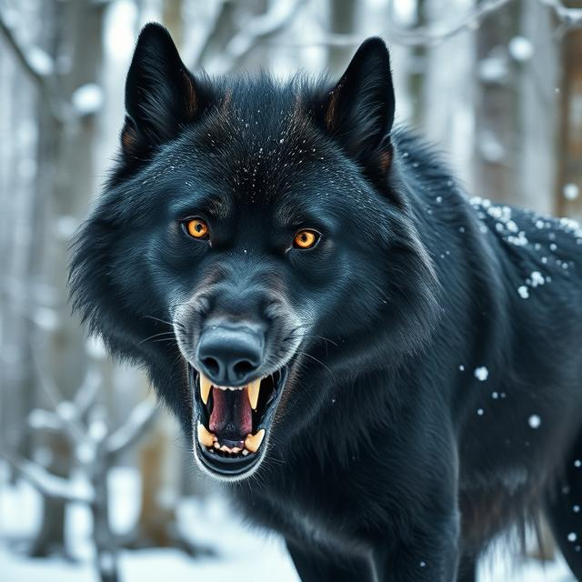 "A snarling black wolf in a snowy forest, eyes glowing with rage, lips ...