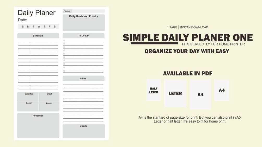 Simple Daily Planer One | Undated Printable Planer