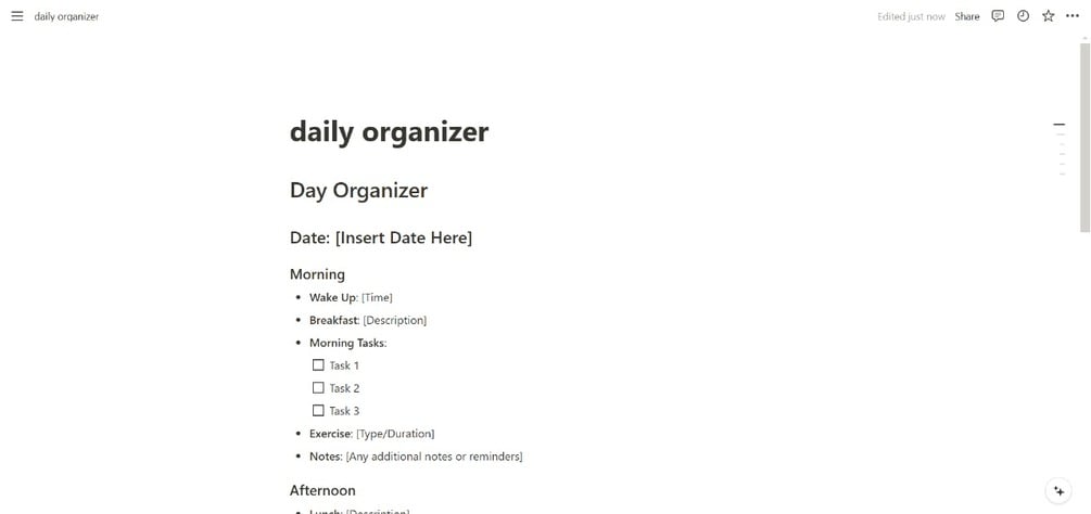 daily organizer template (txt/markdown)