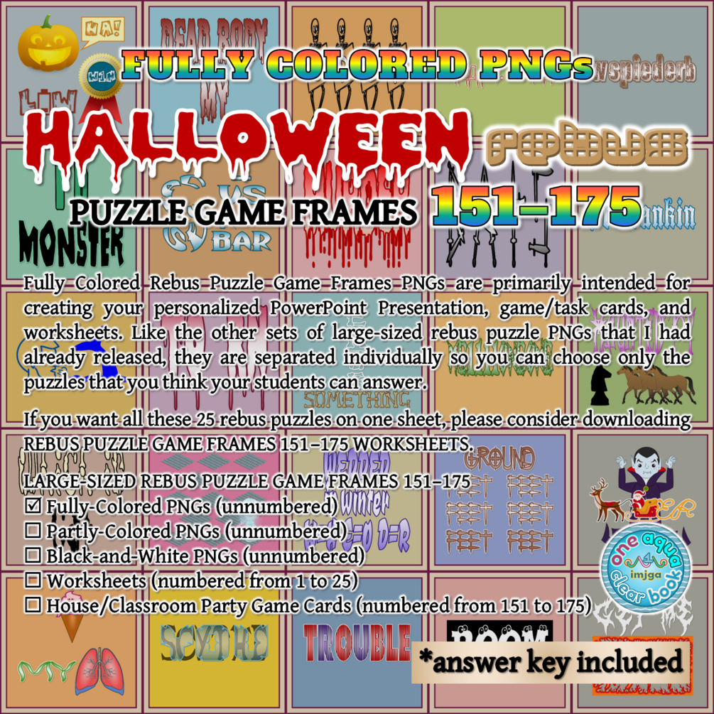 Fully Colored HALLOWEEN Rebus Puzzle Game Frames 151–175 PNGs