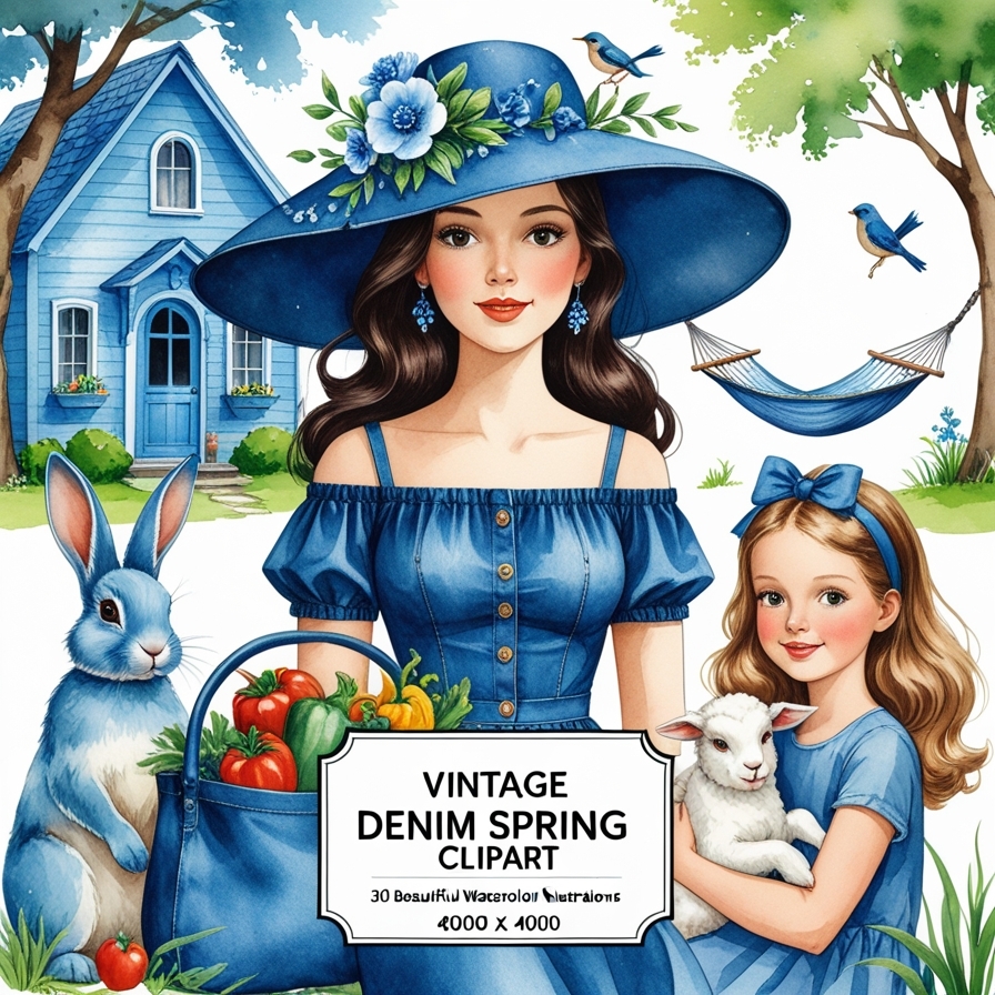 Vintage Denim Spring Clipart Bundle - 30 PNG Watercolor Daisies ...