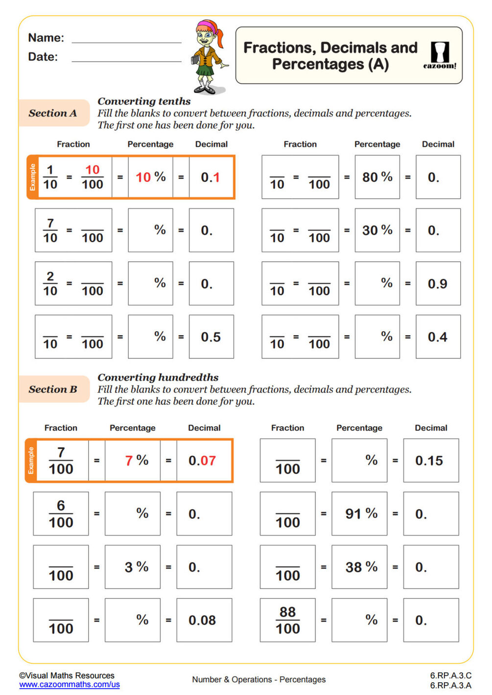 Fractions, Decimals and Percentages Worksheet