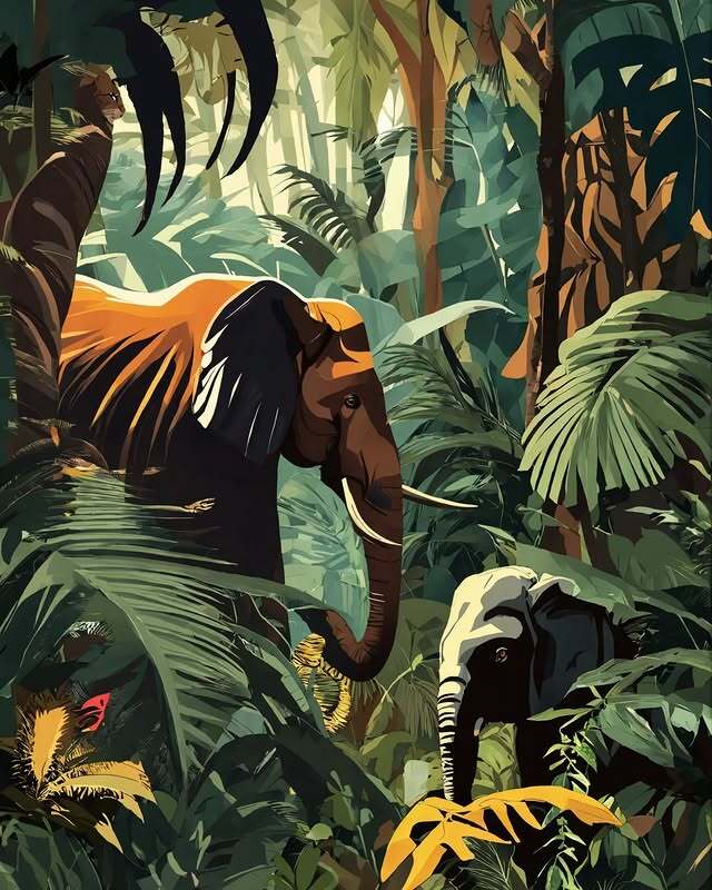 Majestic elephants wandering through dense jungle.