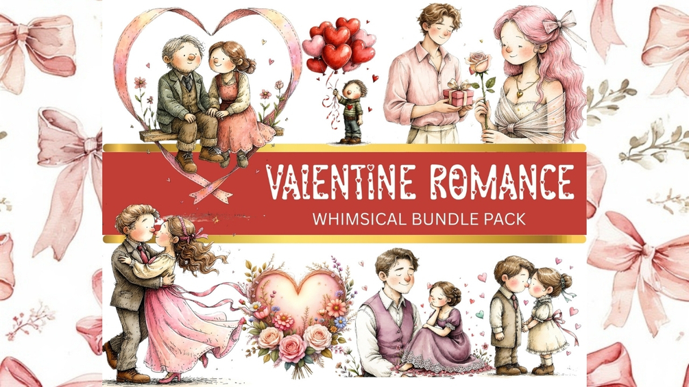 WHIMSICAL VALENTINE ROMANCE – Valentine Watercolor Clipart Mega Bundle