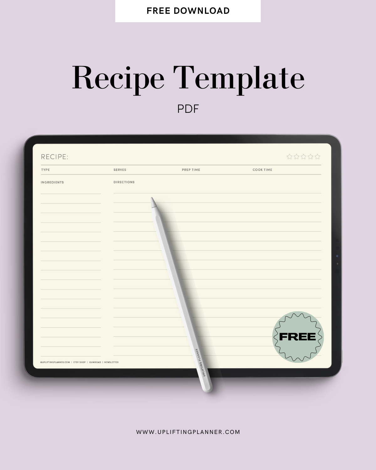 July Freebie: Download Recipe Template - UpliftingPlanner