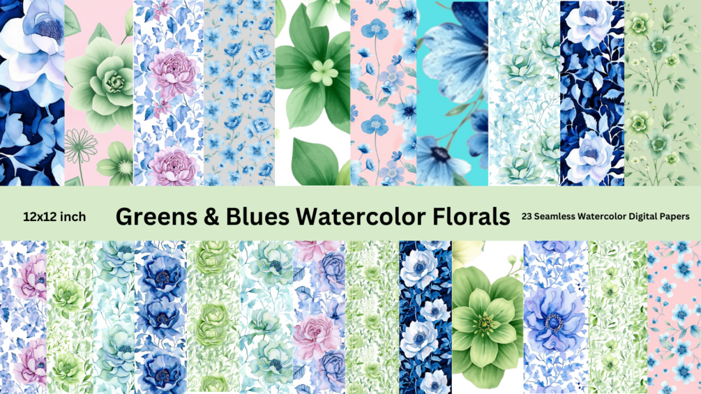 Greens And Blues Florals| Seamless Watercolor Digital Papers