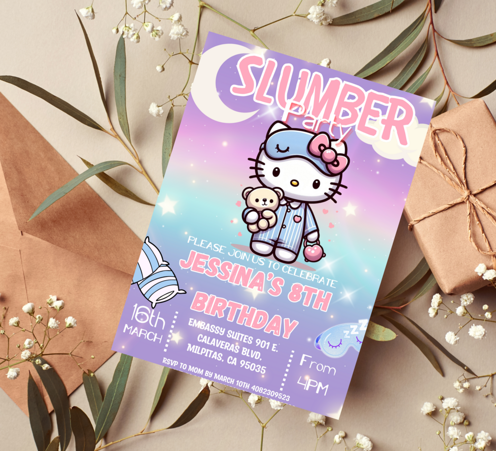 Hello Kitty Purple Gradient Slumber Party Birthday Invitation