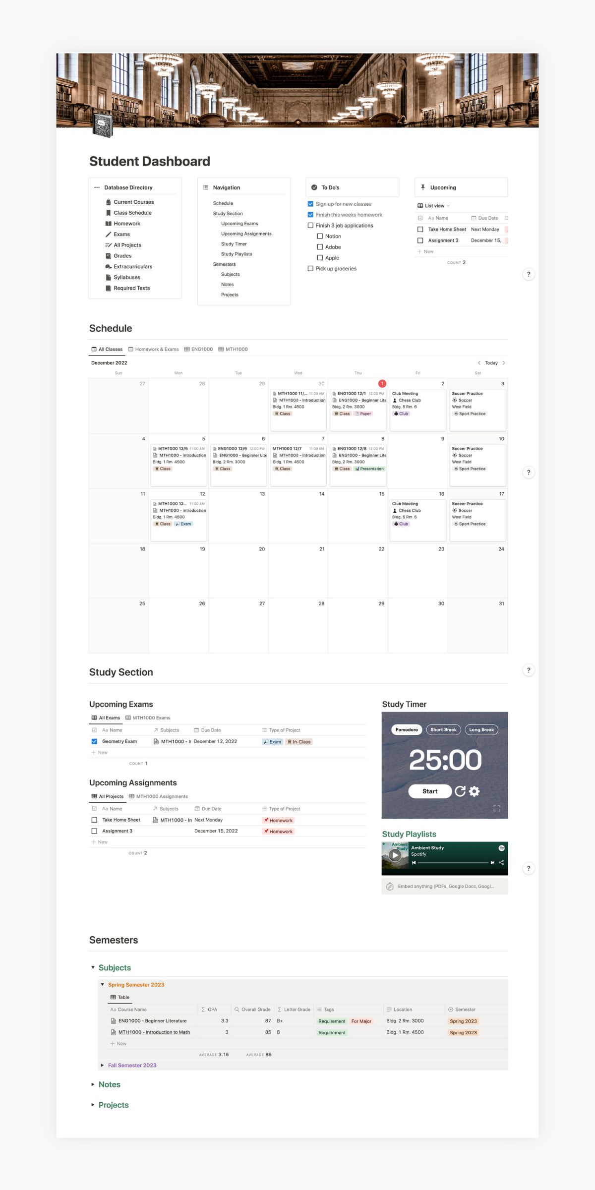 Student Dashboard for Notion