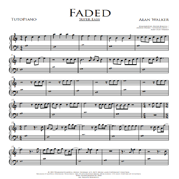 Faded Super Easy Piano Sheets - Alan Walker - TutoPiano