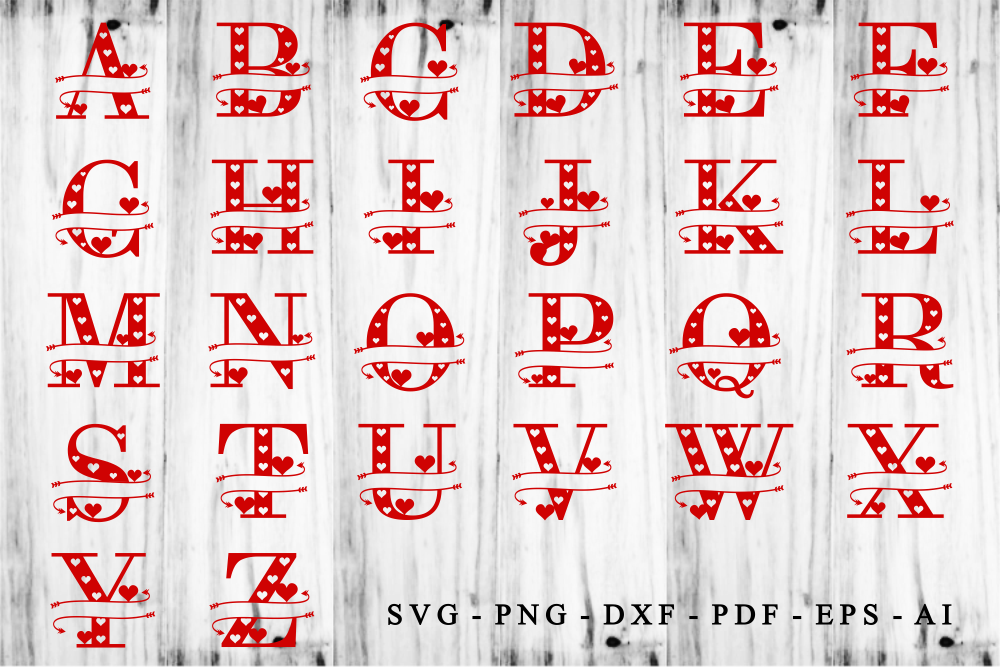 Love Hearts Split Font Monogram Letters SVG Designs Bundle, Valentines ...