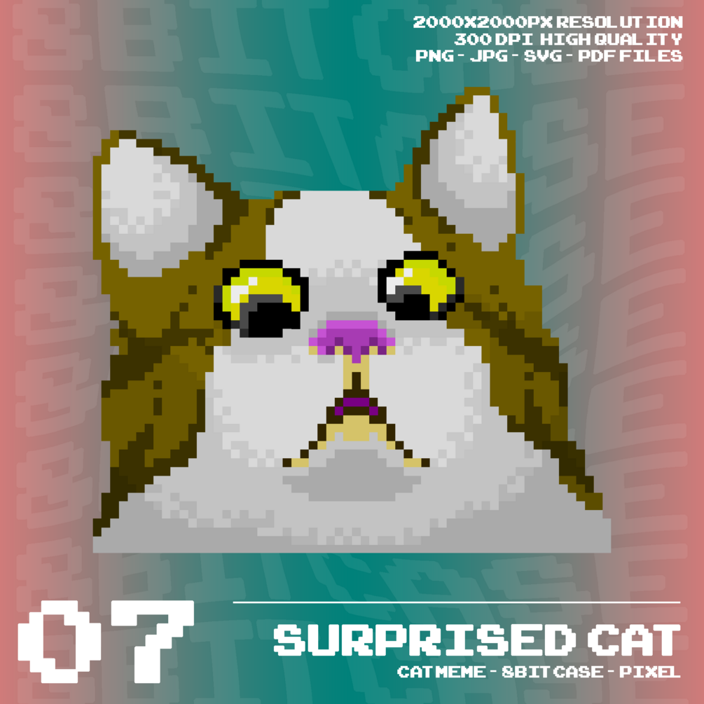 Pixel Art, Digital Products, Digital Art, CAT MEME | 07 Surprised Cat