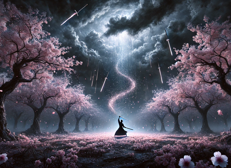 2xTwilight Sakura Ritual – Mystical Cherry Blossom Grove with Falling Swords and Spiraling ...