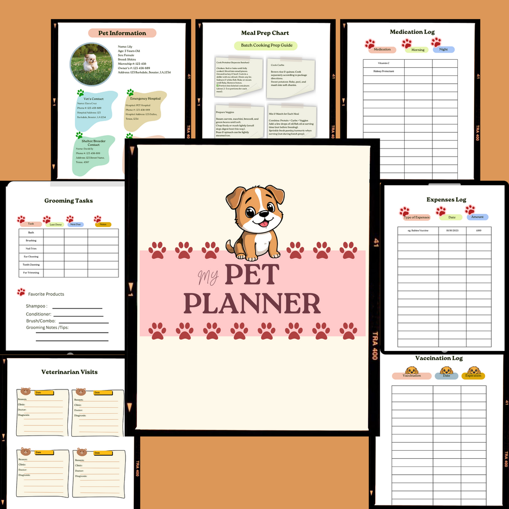 All - in One Editable Pet Planner/ Vet Visits, Grooming, Meals and More!