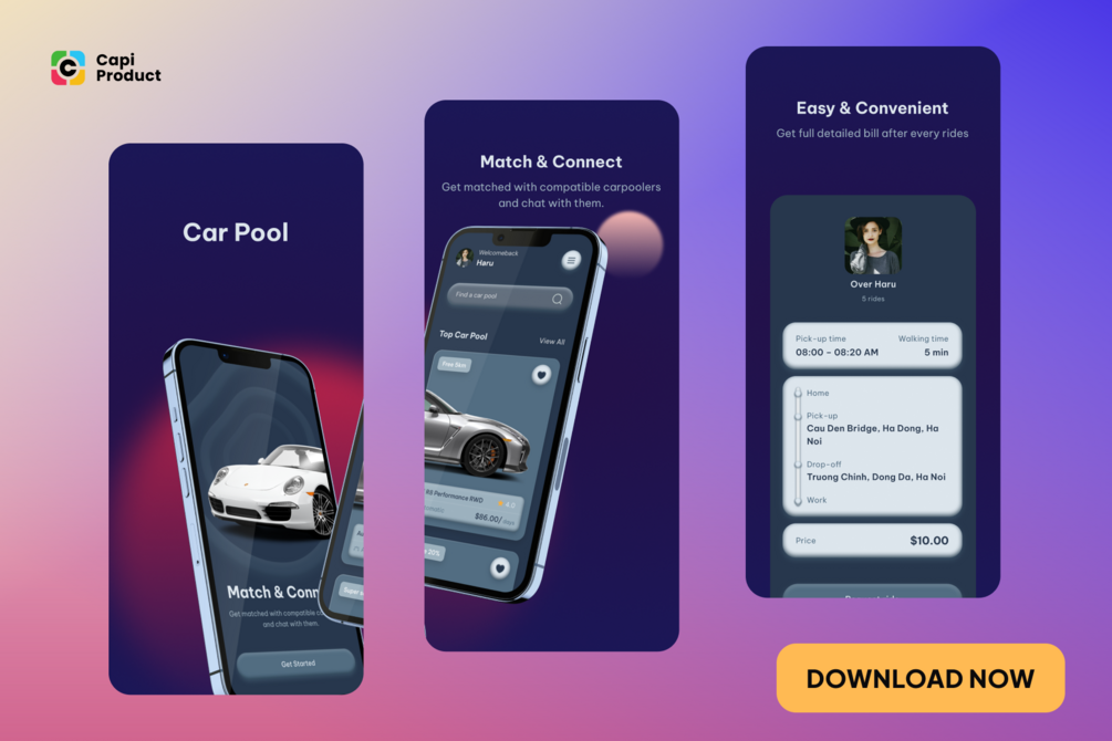 Car Pool App Preview - Dark mode x Magenta Color