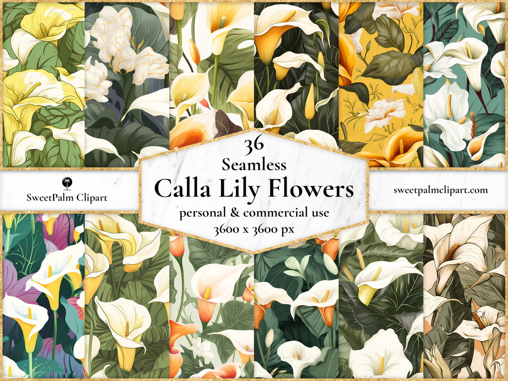 36 JPG Seamless Calla Lily Flowers Digital Pattern, Beautiful Summer ...