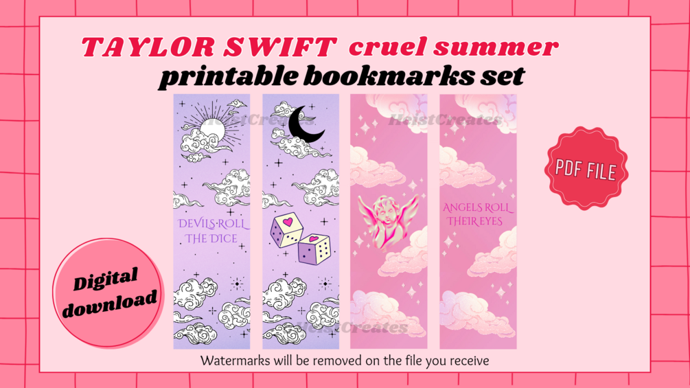 Taylor Swift Cruel Summer Pink & Purple printable bookmarks set