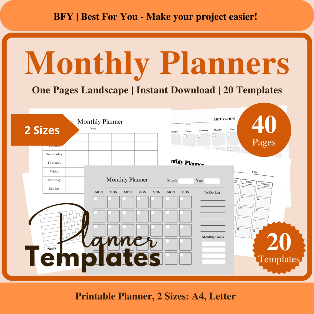 Undated Monthly Planner Printable Landscape, Monthly Agenda, Month At ...