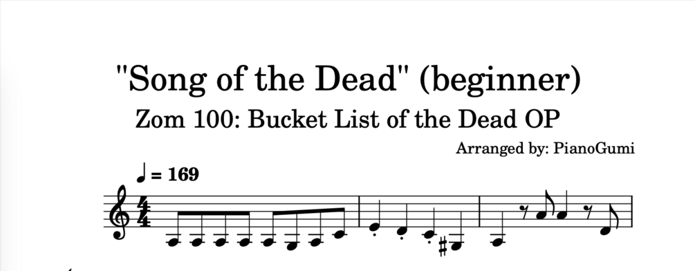 Zom 100 OP - "Song of the Dead" - BEGINNER Piano Sheet Music