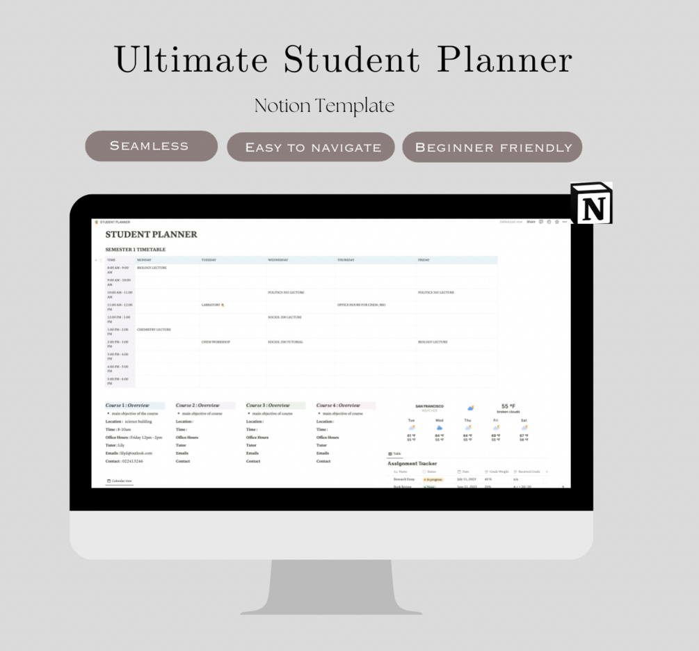 Notions Template Student Planner / Digital Academic Template/ Beginner friendly/ Digital ...