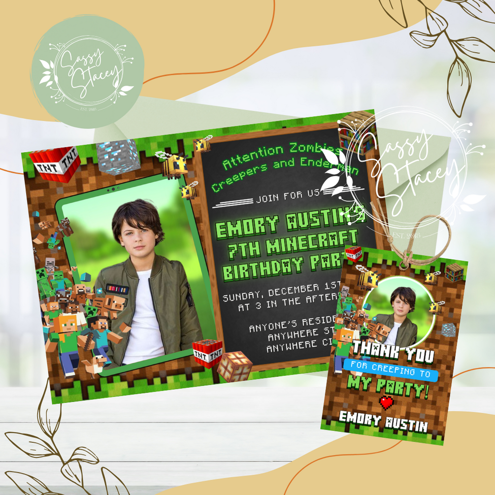 Custom Minecraft Theme Invitation and Thank You Tag Layout