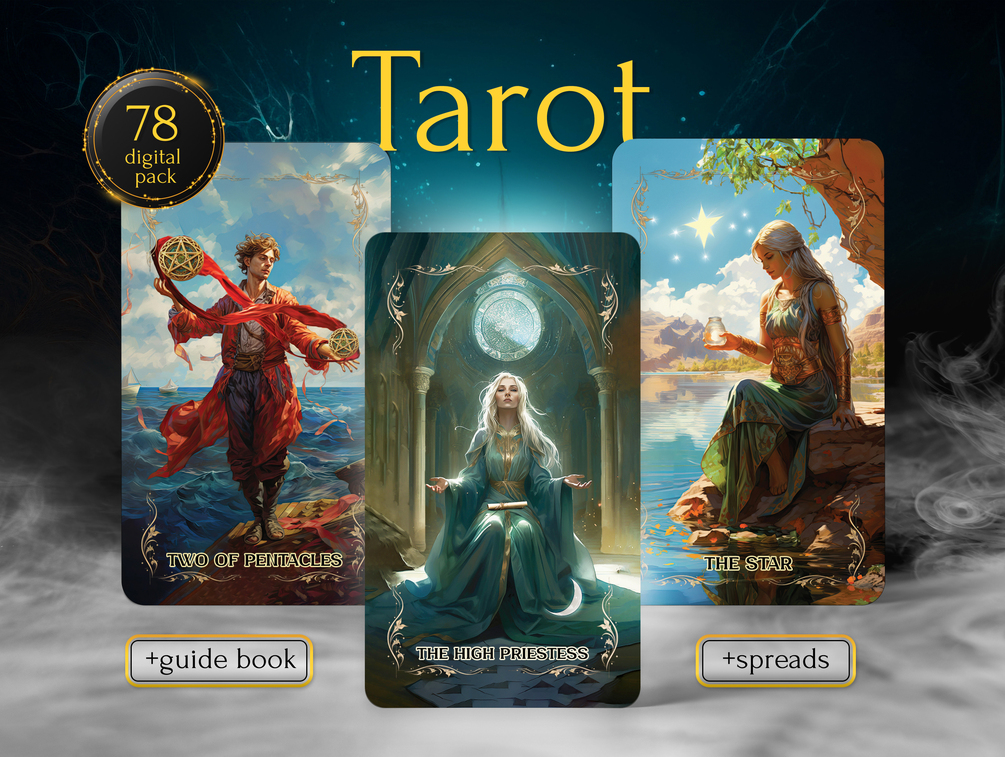 Digital tarot deck pack for beginners printable with golden edges