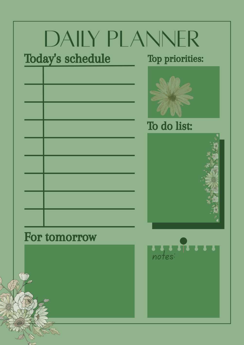 Daily planner—muted sage green with minimalist design