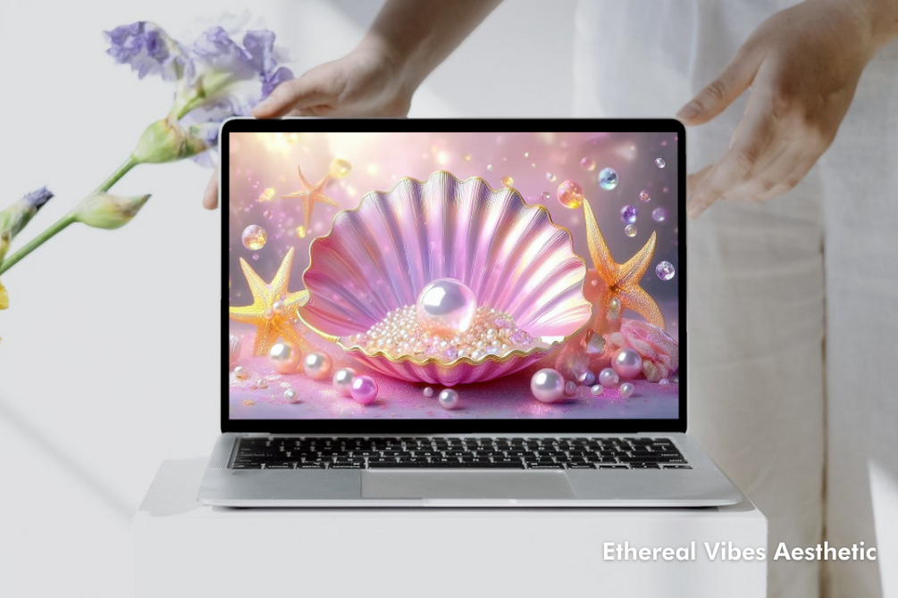 Open Pearl Shell Desktop Wallpaper – Iridescent Pastel Fantasy with Glowing Pearls & Starfish