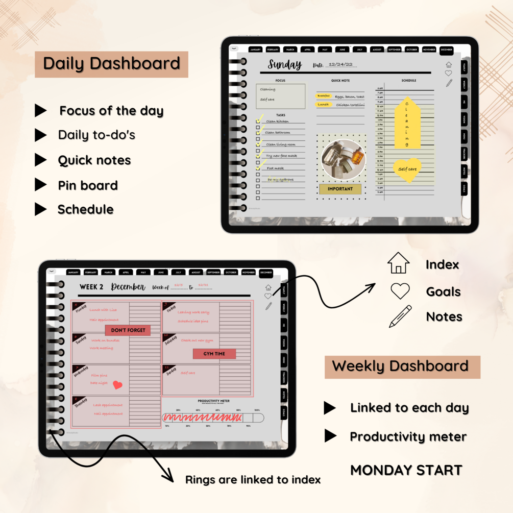 Undated Digital Planner, Dark Mode Digital Planner, GoodNotes Digital ...