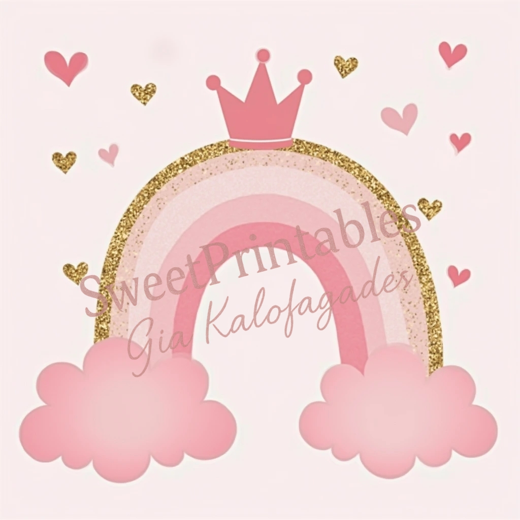 Pink Glitter Rainbow with Princess Crown – Printable Nursery Wall Art