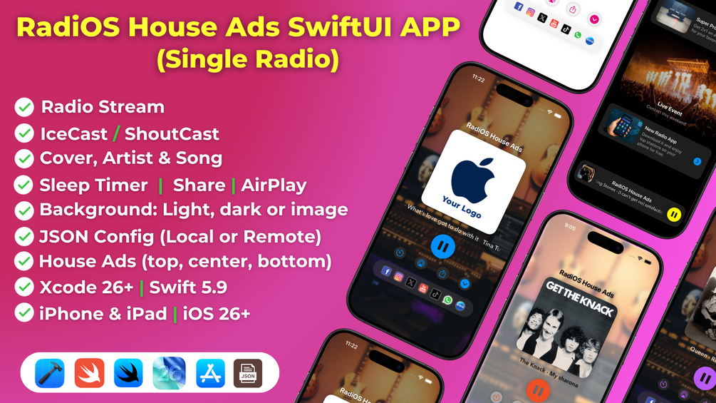 RadiOS SwiftUI APP iOS 26 – Radio Stream, Swift Radio, House Ads, Mini ...