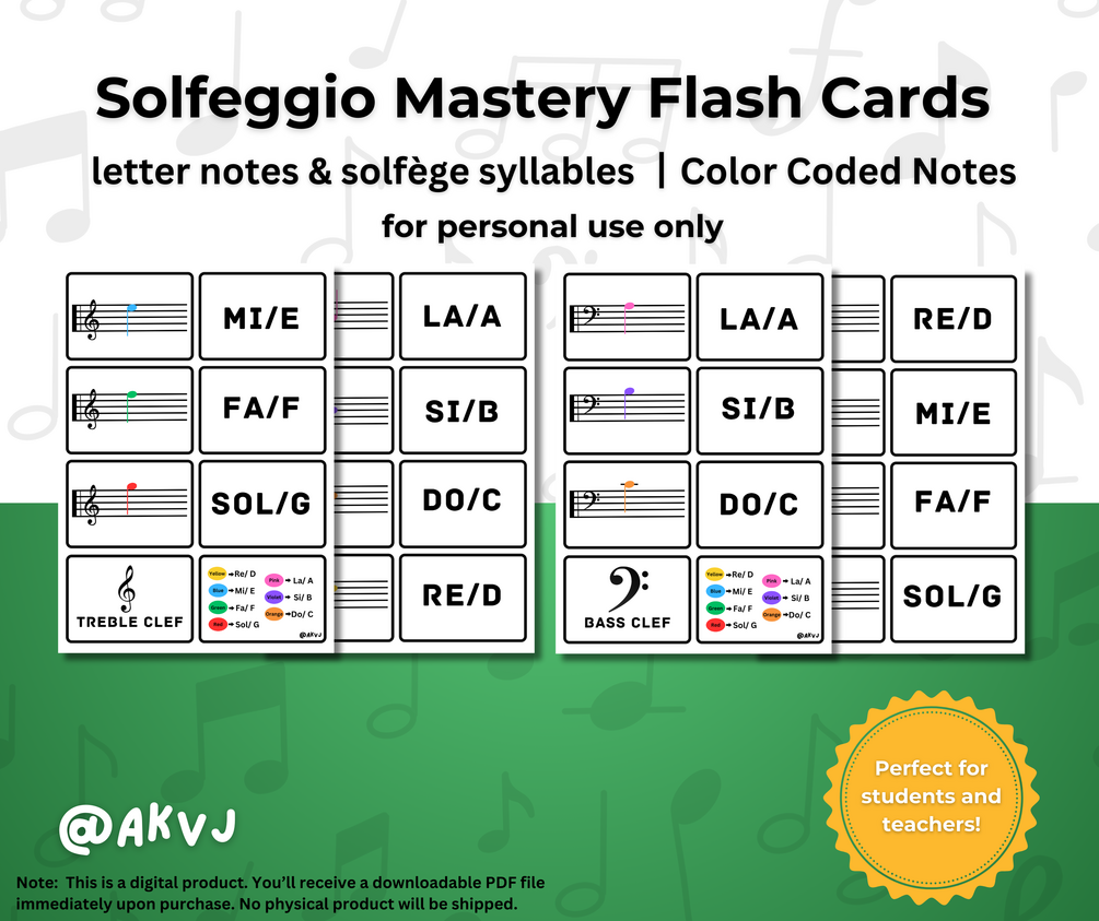 Treble and Bass Clef Solfeggio Mastery Flash Cards Printables