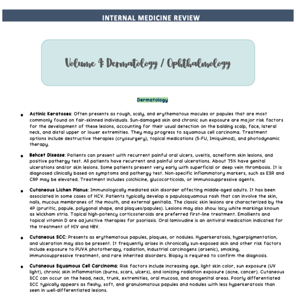 High-Yield Internal Medicine Notes: Dermatology & Ophthalmology