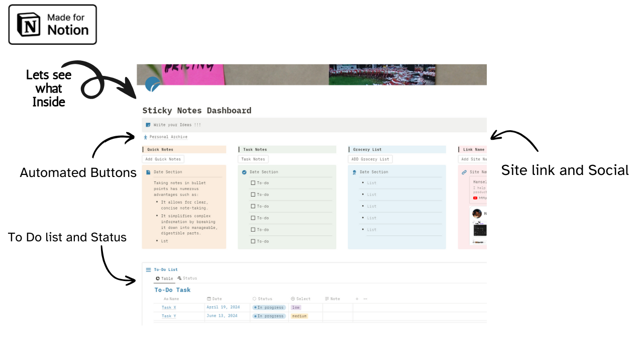 Sticky Notes Dashboard Template - Notion Circles