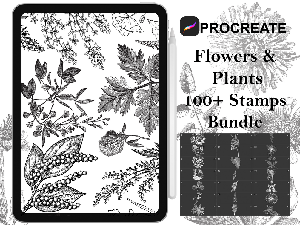 Procreate - 100 Flowers & Plants Elements, Hand drawn Tattoo & Design ...