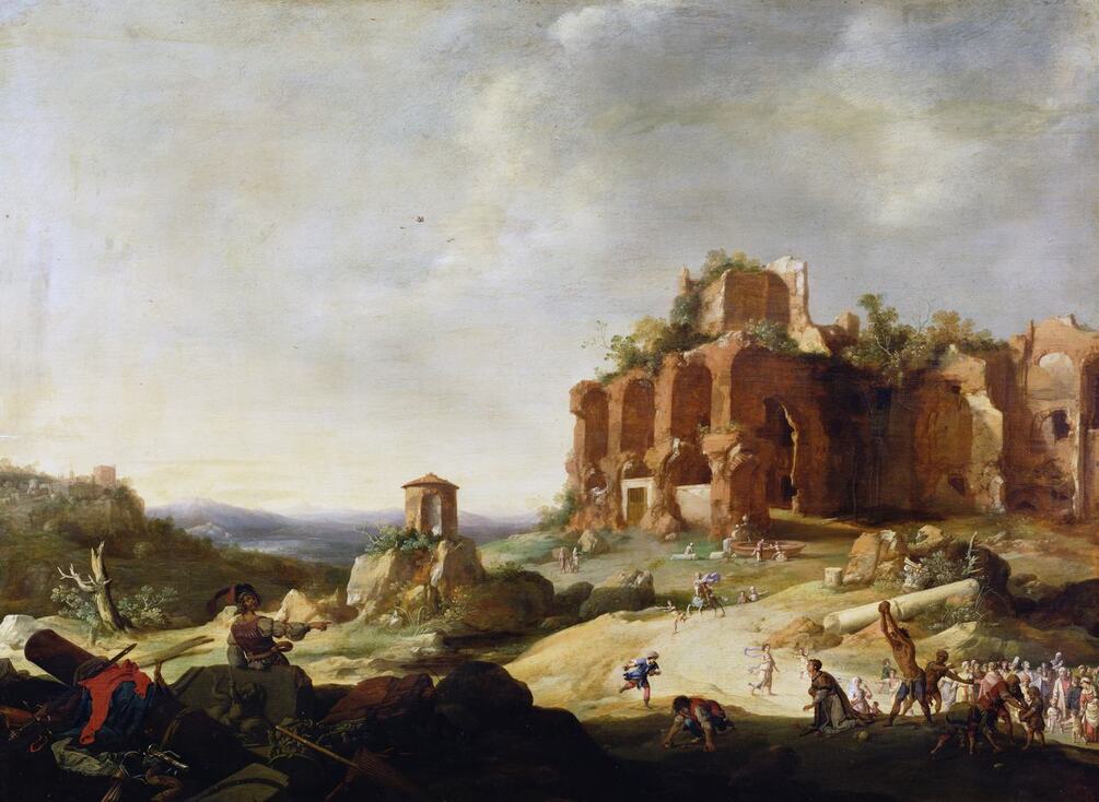 Dutch: Zuidelijk landschap met ruine; op de voorgrond de steniging van ...