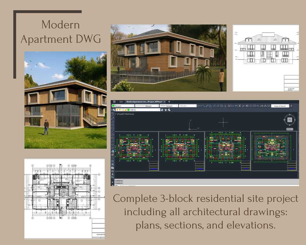 Modern Apartment Building AutoCAD Project | Floor Plans, Sections (DWG ...