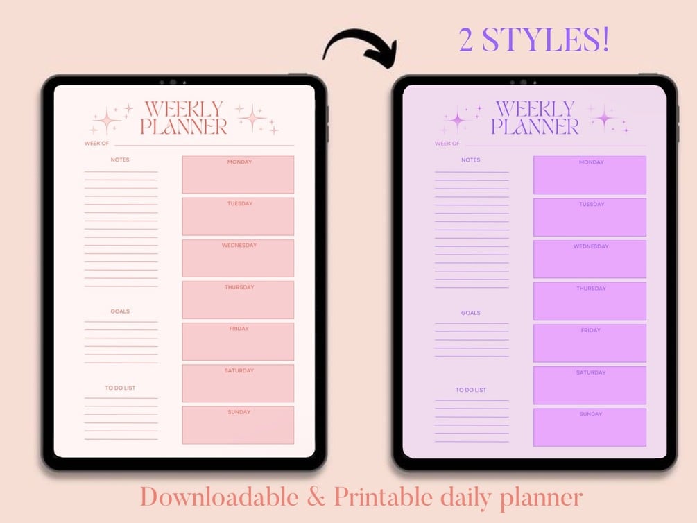 digital downloadable 2 style weekly planner, printable