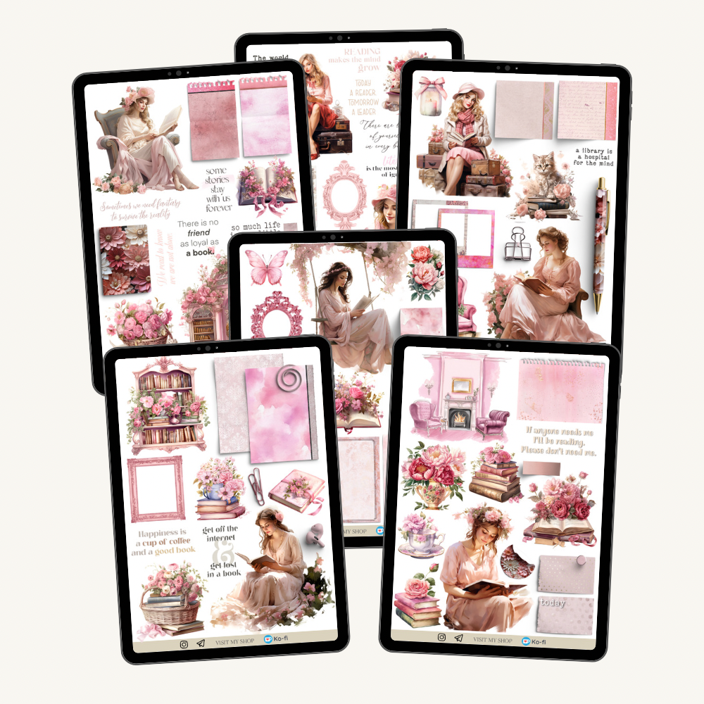 Pink Bookworm stickers, GoodNotes & PNG