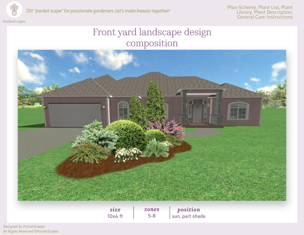 Premade landscape, front yard plant composition, full sun to partial shade