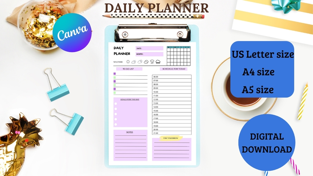 Daily Planner - Printable PDF in US Letter, A4, A5 Sizes