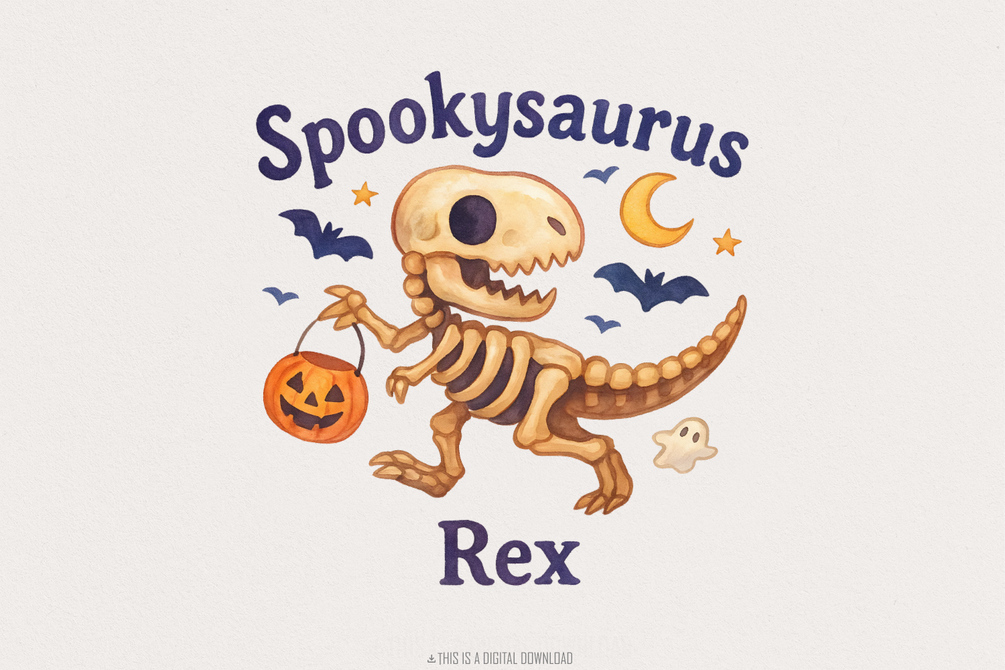 Spookysaurus Rex PNG Halloween Dinosaur PNG With Pumpkin Basket, Ghost ...