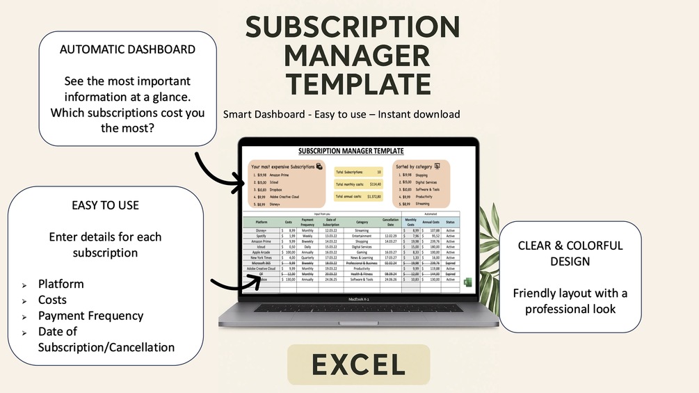 Subscription Tracker – Save Money with this Excel Template featuring a ...