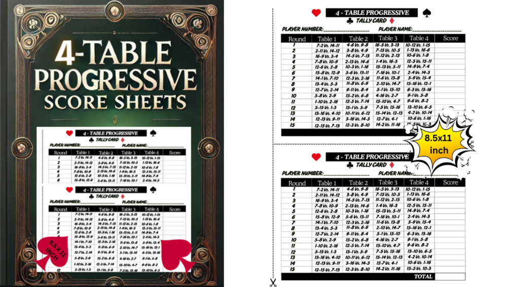 4-TABLE PROGRESSIVE score sheets (2 per page)