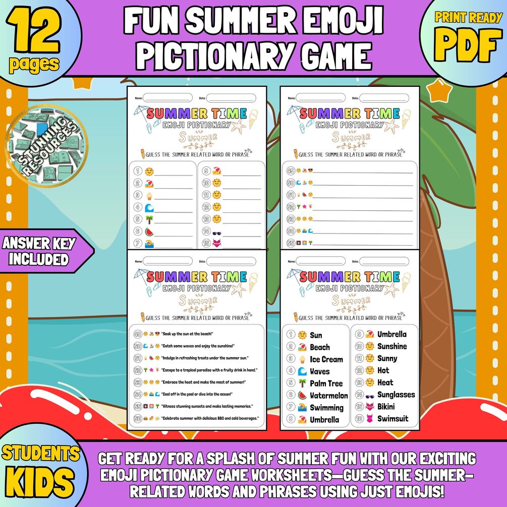 End Of The Year Summer Emoji Pictionary Game | Kids Printable Fun ...