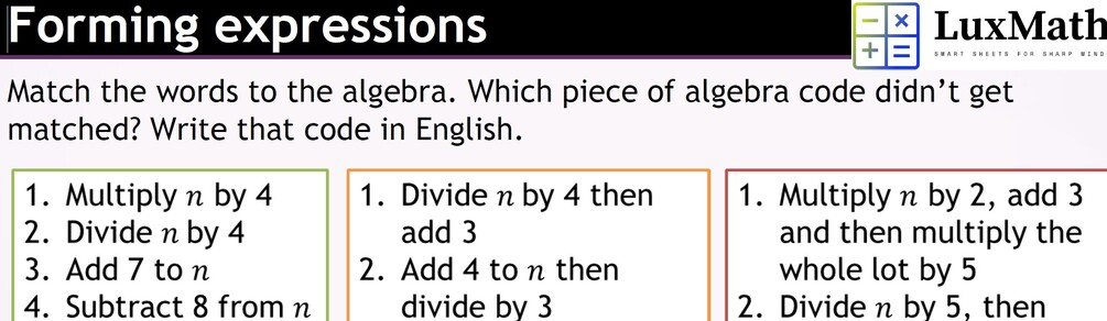 Forming Expressions Made Easy – Year 7 Maths Worksheet (Grade 2 ...