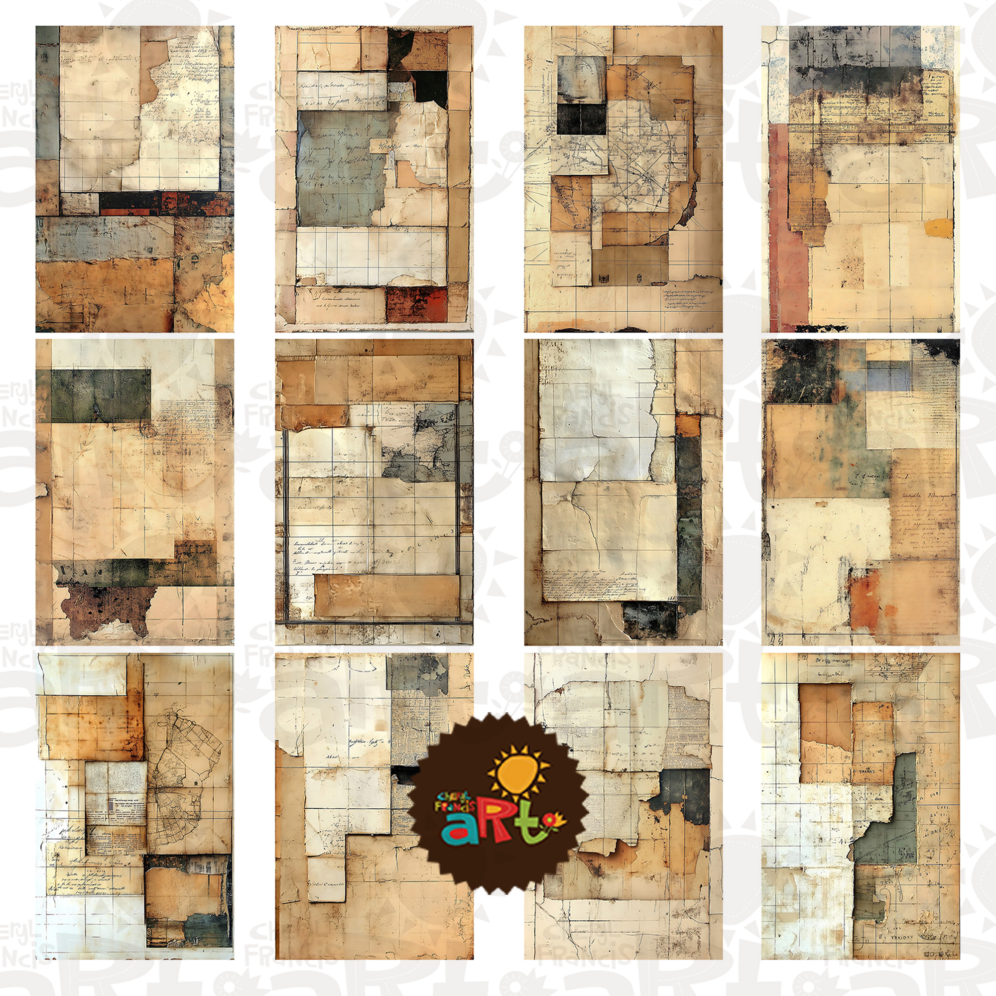 24 pc Various Aged Papers Abstract Collage Printable Junk Journal Half ...