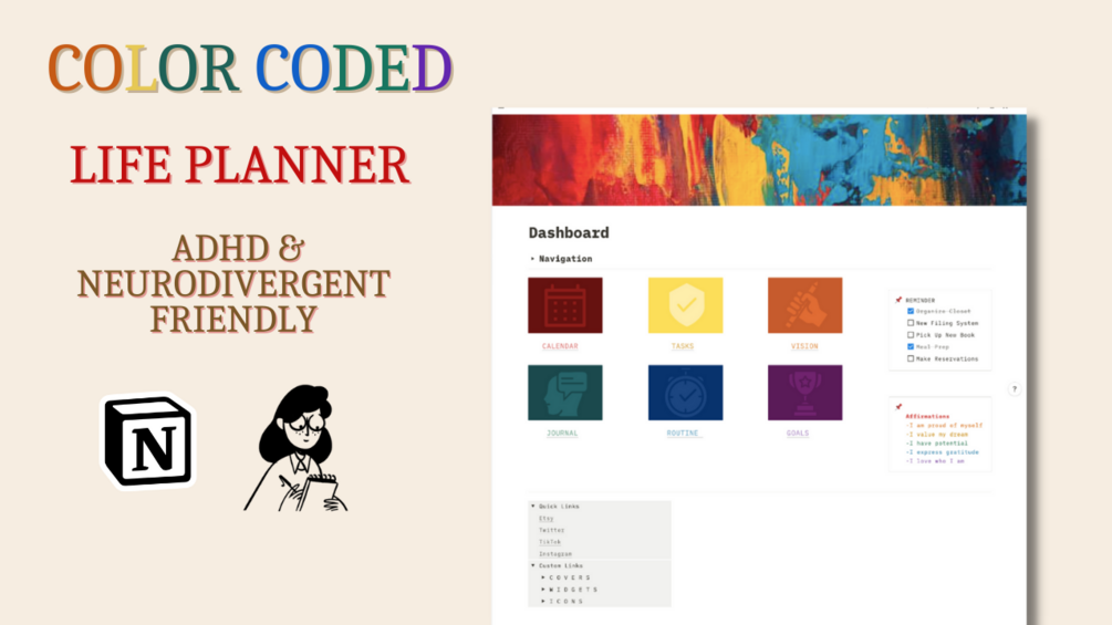 Color Coded Life Planner Notion Template: ADHD And Neurodivergent Friendly