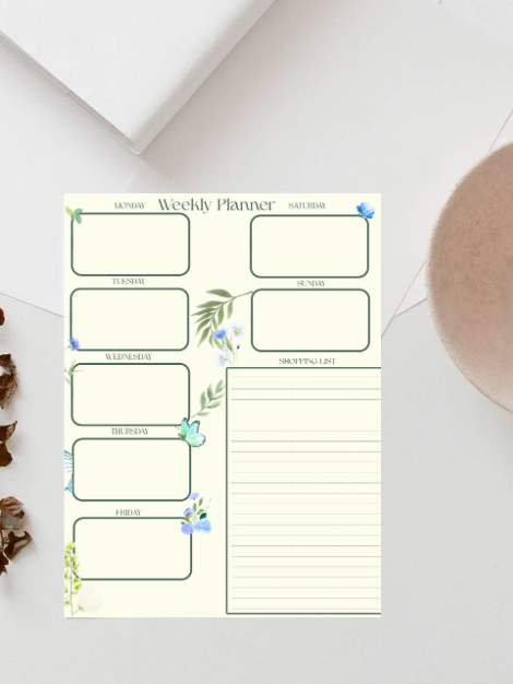 🌿 Elegant Floral Weekly Planner with Shopping List – Printable PDF