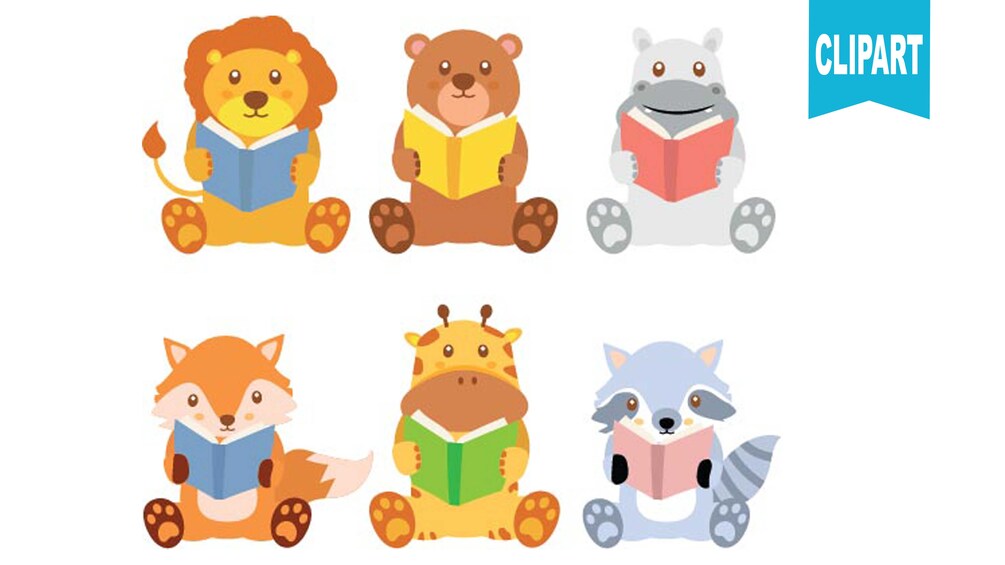 Cute animals reading Clipart_PNG file, instant download